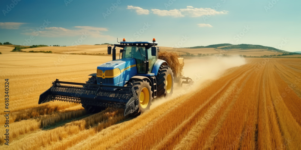 Large powerful rural tractor advancing through wheat plantations for ...