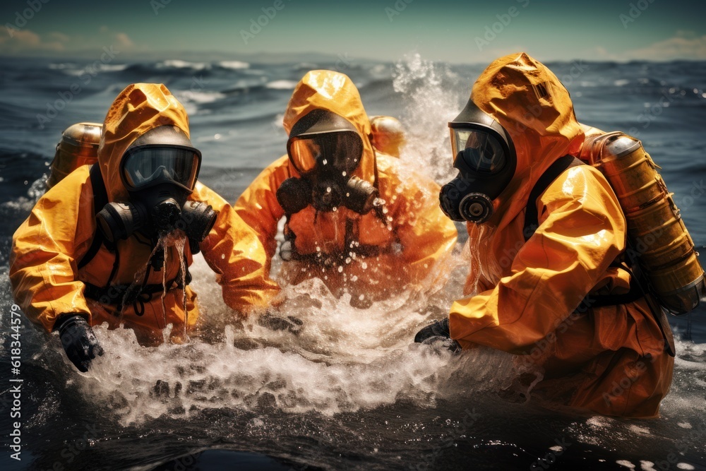 A group of scientists in hazmat suits investigating the radioactive ...