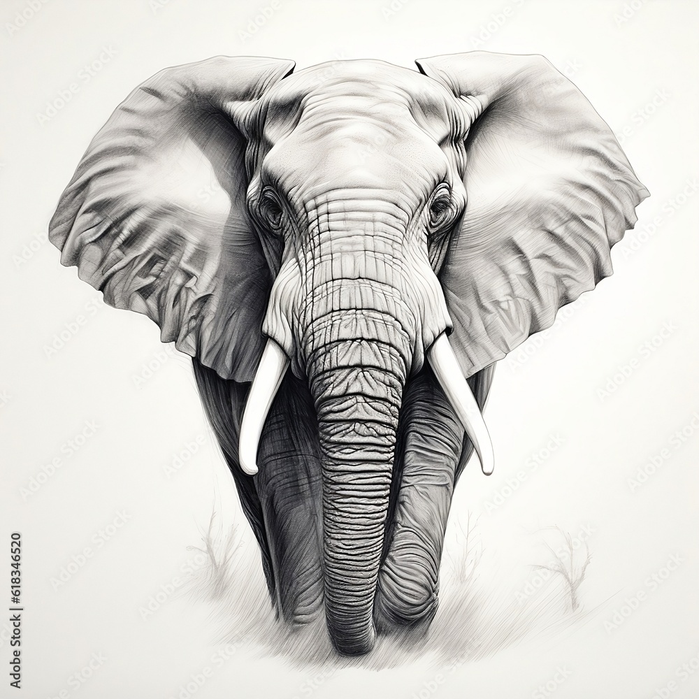 Sketch a realistic portrait of a regal African elephant, emphasizing ...