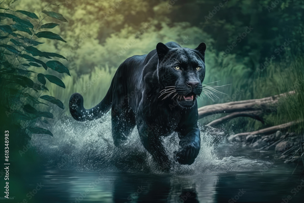 black panther tiger runs on water, in forest. Dangerous animal. Animal ...