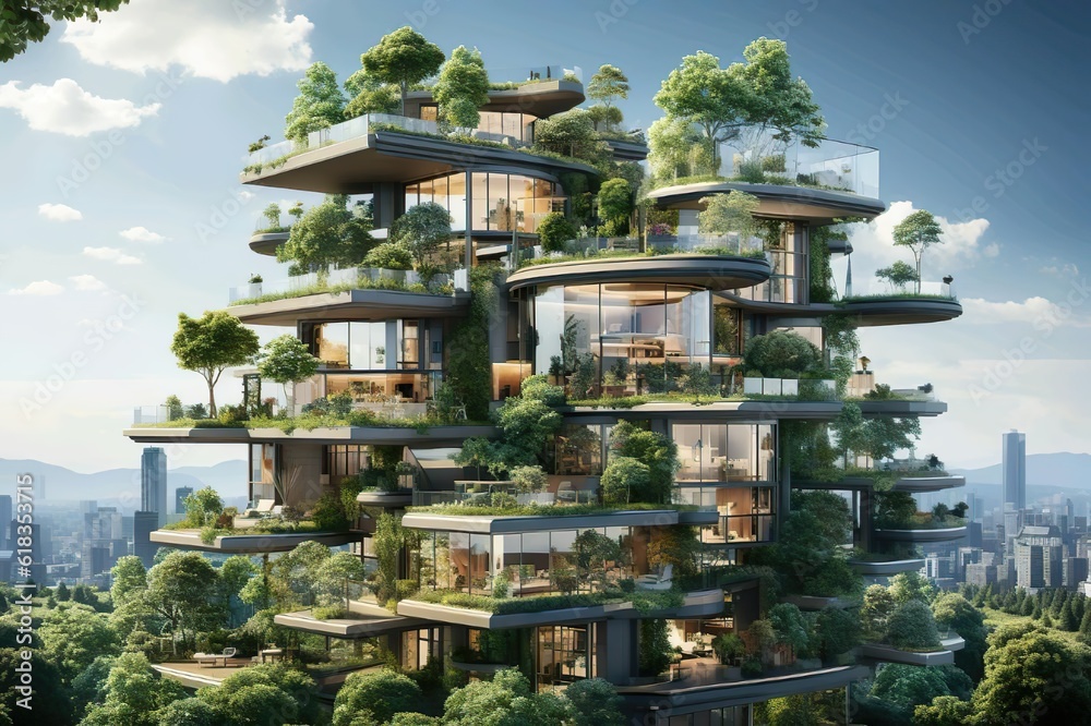 Modern green city building. Eco friendly environment. Go green. Save ...