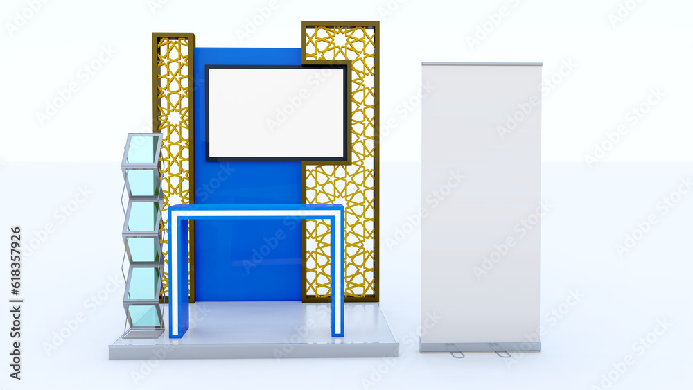 3d illustration stand booth TV LED screen islamic ornament decoration ...