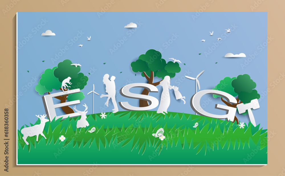 ESG Text Vector illustration With nature, society, environment ...