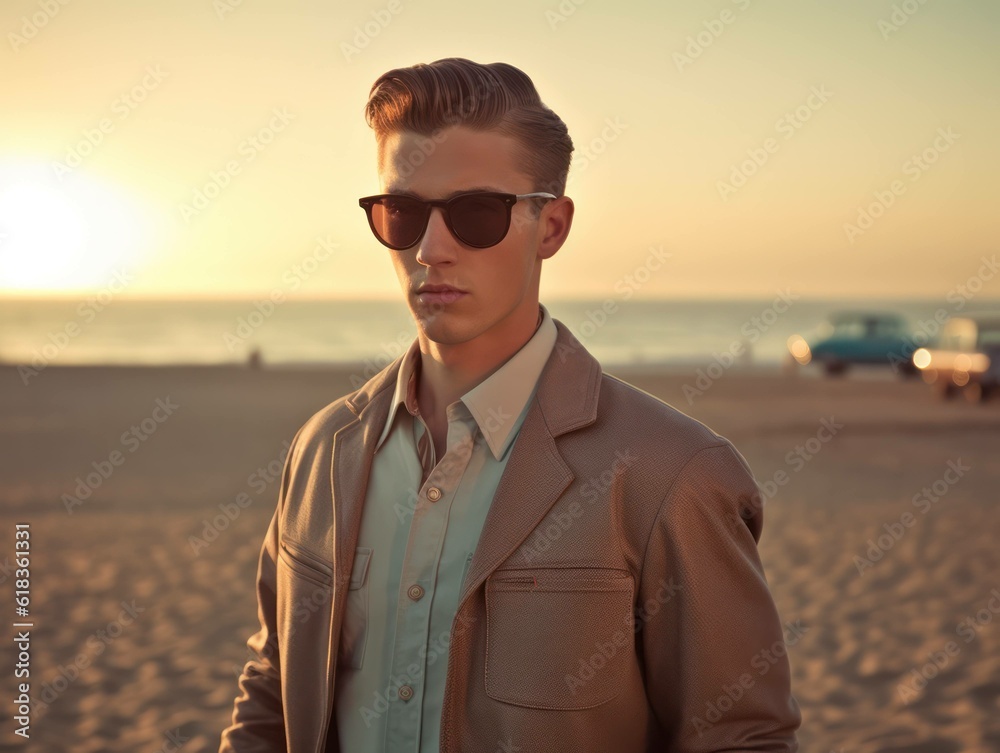 fashion portrait of a sharp dressed man male model outside on the beach ...