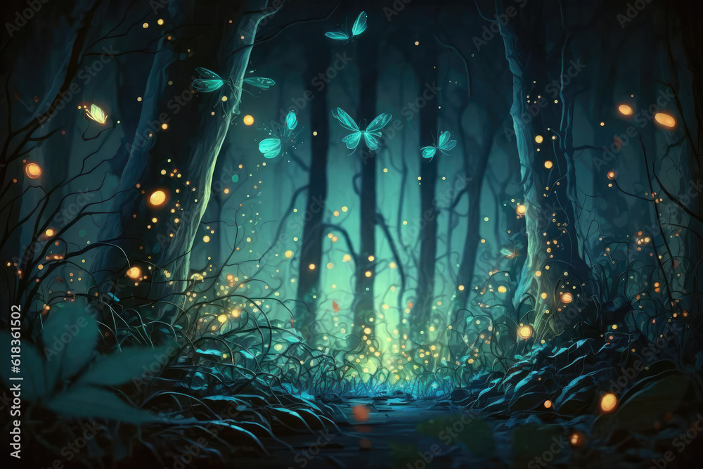Flittering fireflies flying in the night Fantasy enchanted forest ...