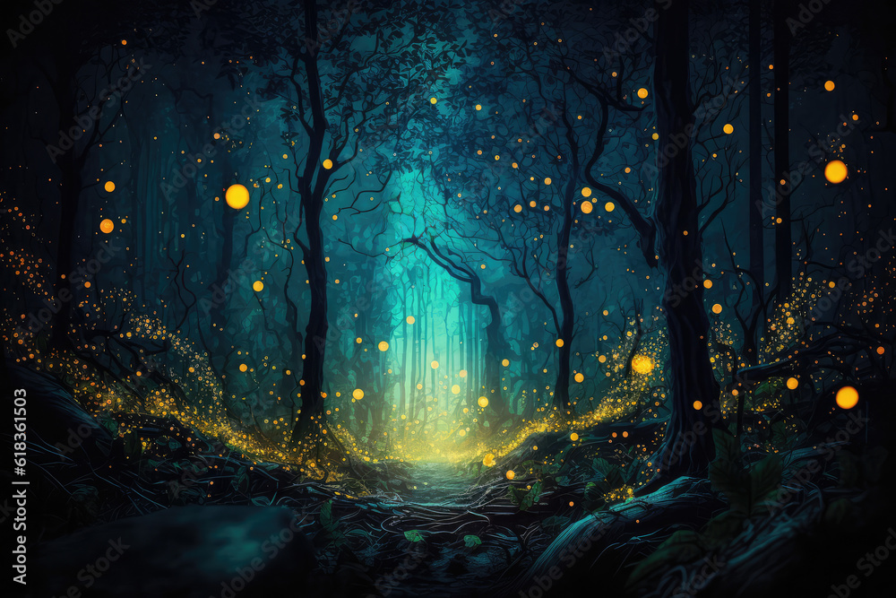 Flittering fireflies flying in the night Fantasy enchanted forest ...