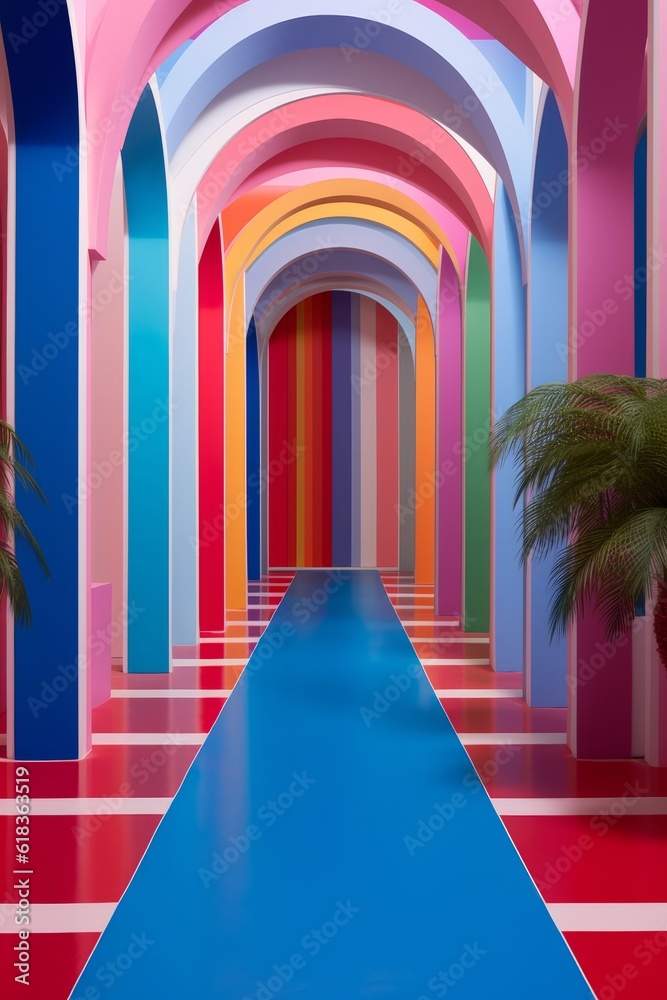 This vibrant interior design features a blue walkway lined with palm ...