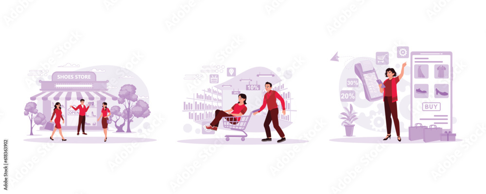 A shoe store with a salesperson and two female customers. Young couple ...