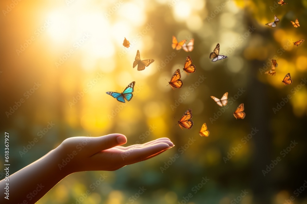 Hope and freedom concept as a human hand releasing a group of ...