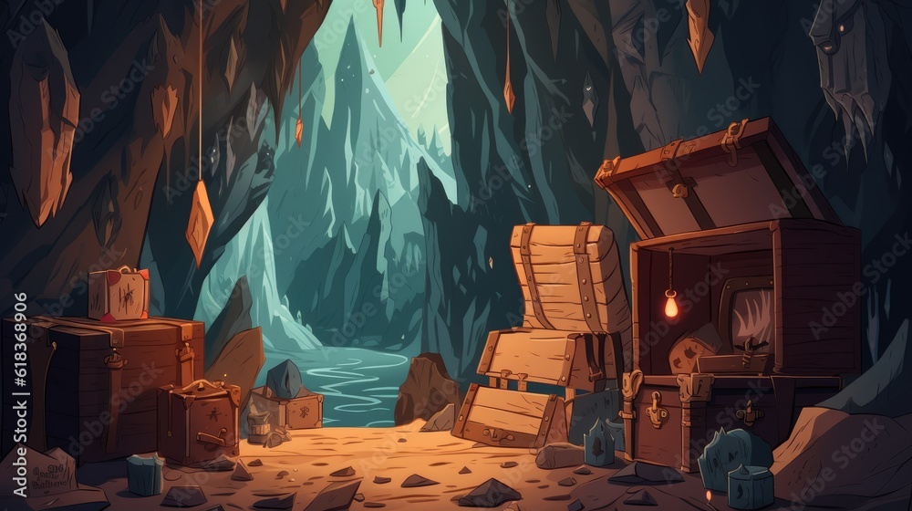2D abstract adventurous cave with a hidden treasure trove, cartoon ...