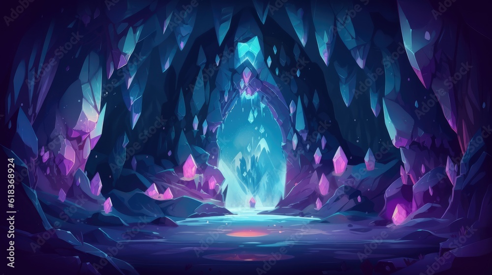 2D abstract mystical cave with a glowing crystal cartoon illustration ...