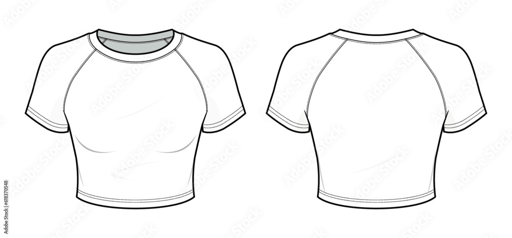 Fitted white cropped raglan shirt flat technical fashion illustration ...