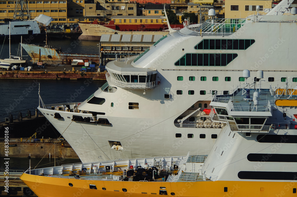 Passenger freighter roll on roll off ro-ro pax ferries in port of Genoa ...