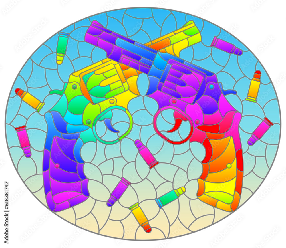 Stained glass illustration with crossed rainbow revolvers and bullets ...
