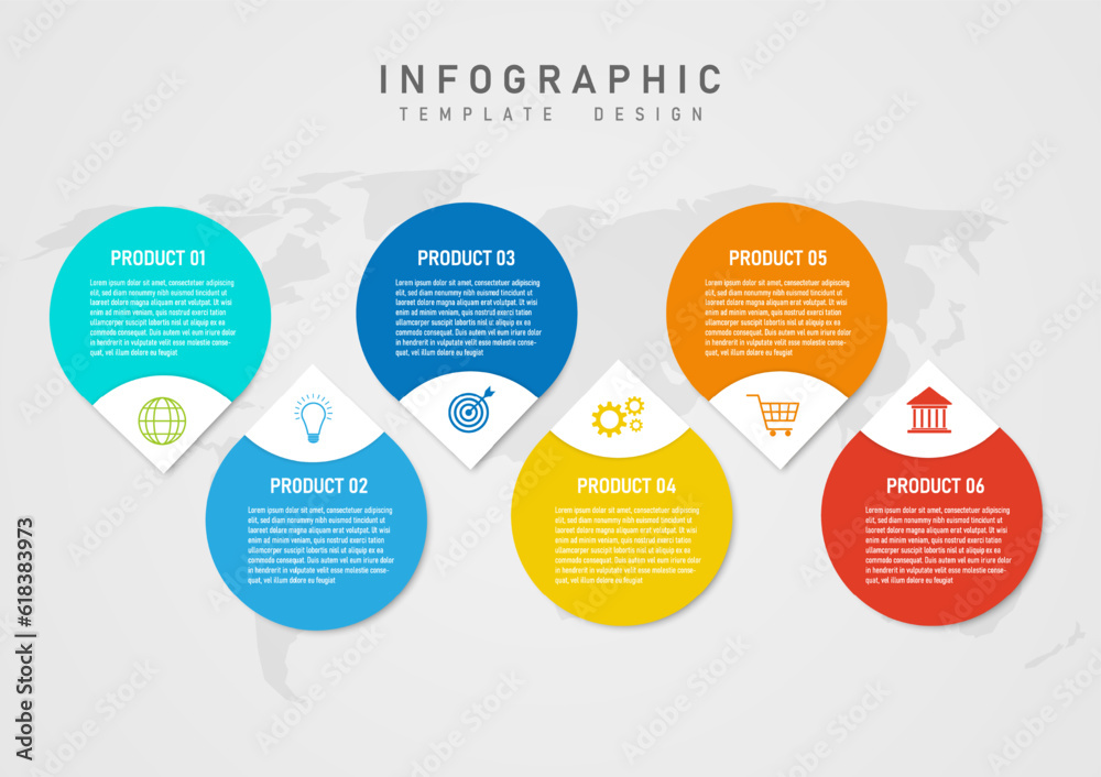 infographic template 6 options water drop shape multi colored letters ...