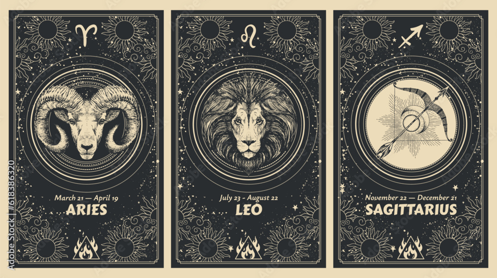 Zodiac signs Aries, Leo, Sagittarius, fire element, mystic astrology ...