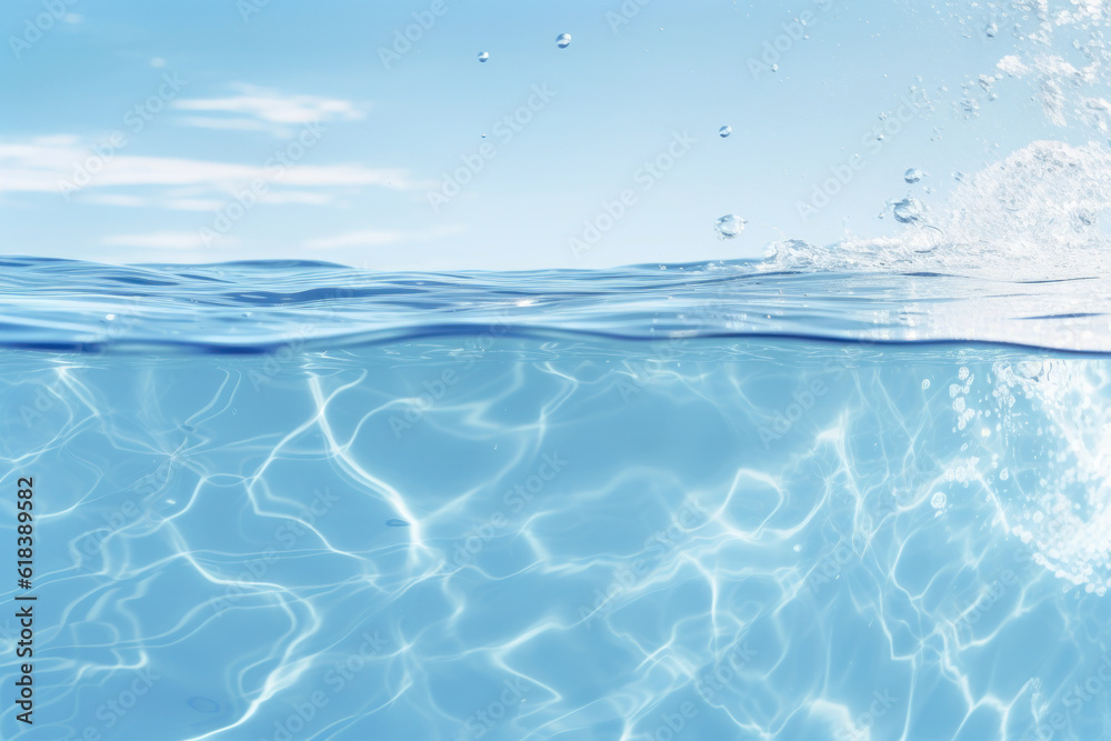 A cross section of a transparent water surface and splashing water ...