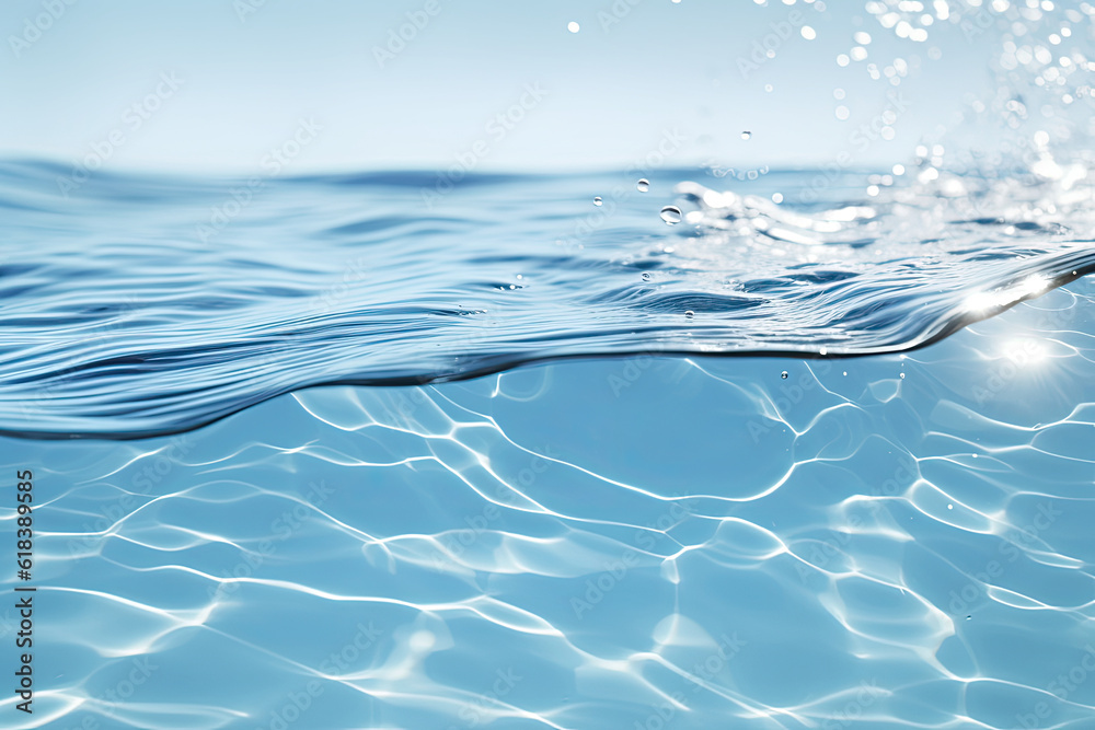 A cross section of a transparent water surface and splashing water ...