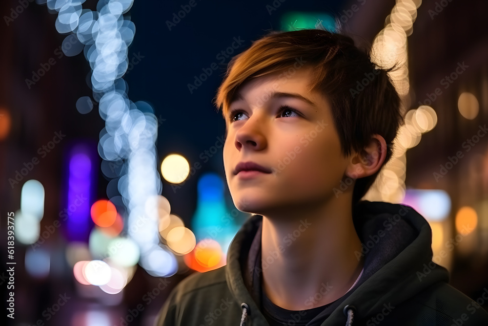 A teenage Caucasian boy walking with an expression of awe and wonder ...