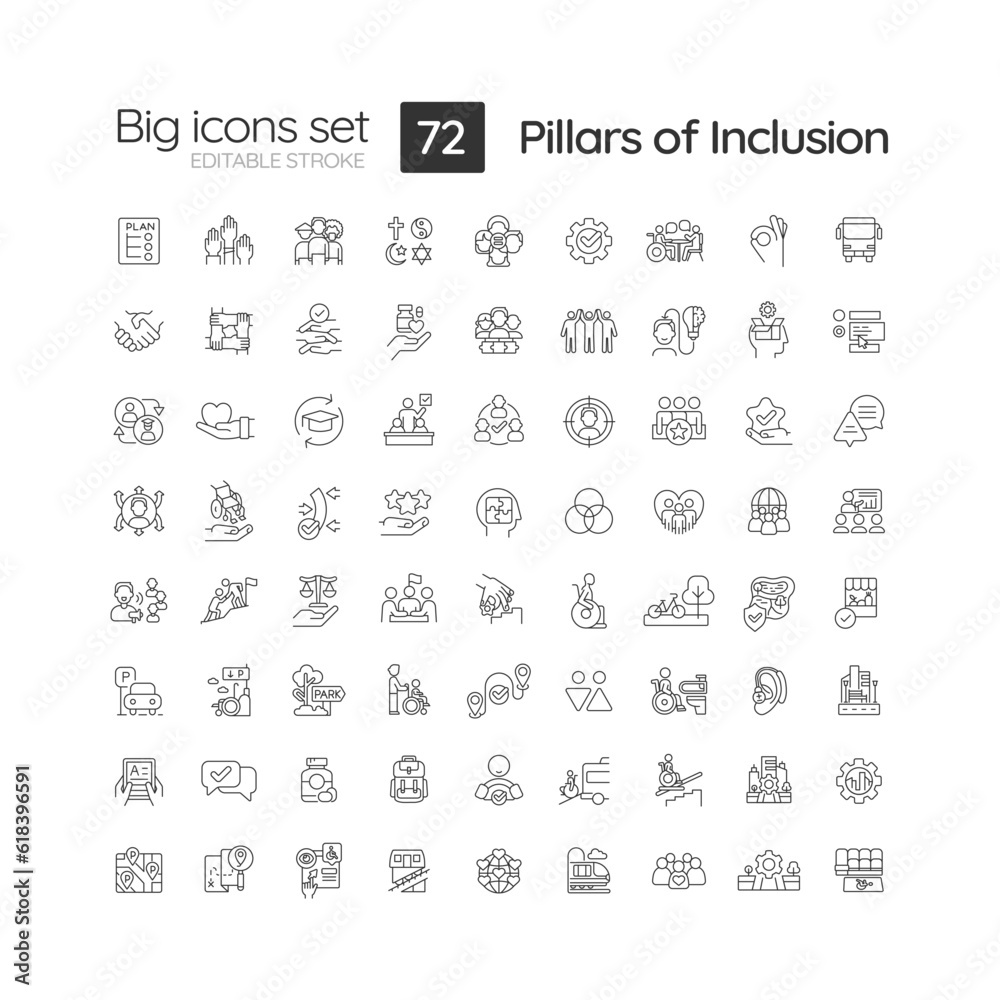 Vektorová grafika „Pillars of inclusion linear icons set. Sustainable ...
