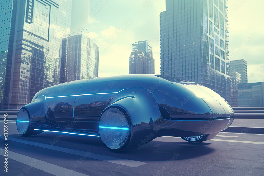 Autonomous electric bus in smart city, metaverse or cyberpunk conpept.AI generated Stock ...