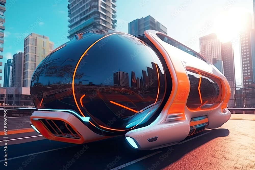 Autonomous electric bus in smart city, metaverse or cyberpunk conpept.AI generated Stock ...