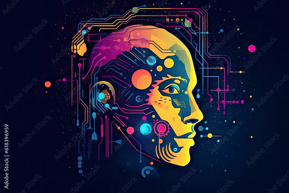 Artificial intelligence. Human head outline with circuit board inside ...