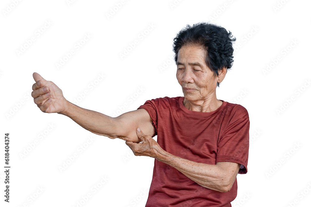 An old Asian woman holding her arm showed wrinkles on her upper arm ...
