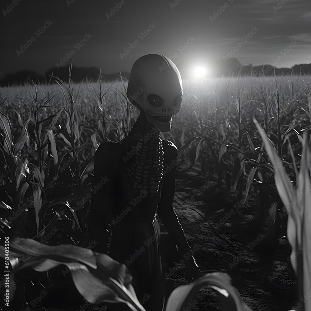 alien spotted at the corn field at night. Kansas in the year 1974 ...