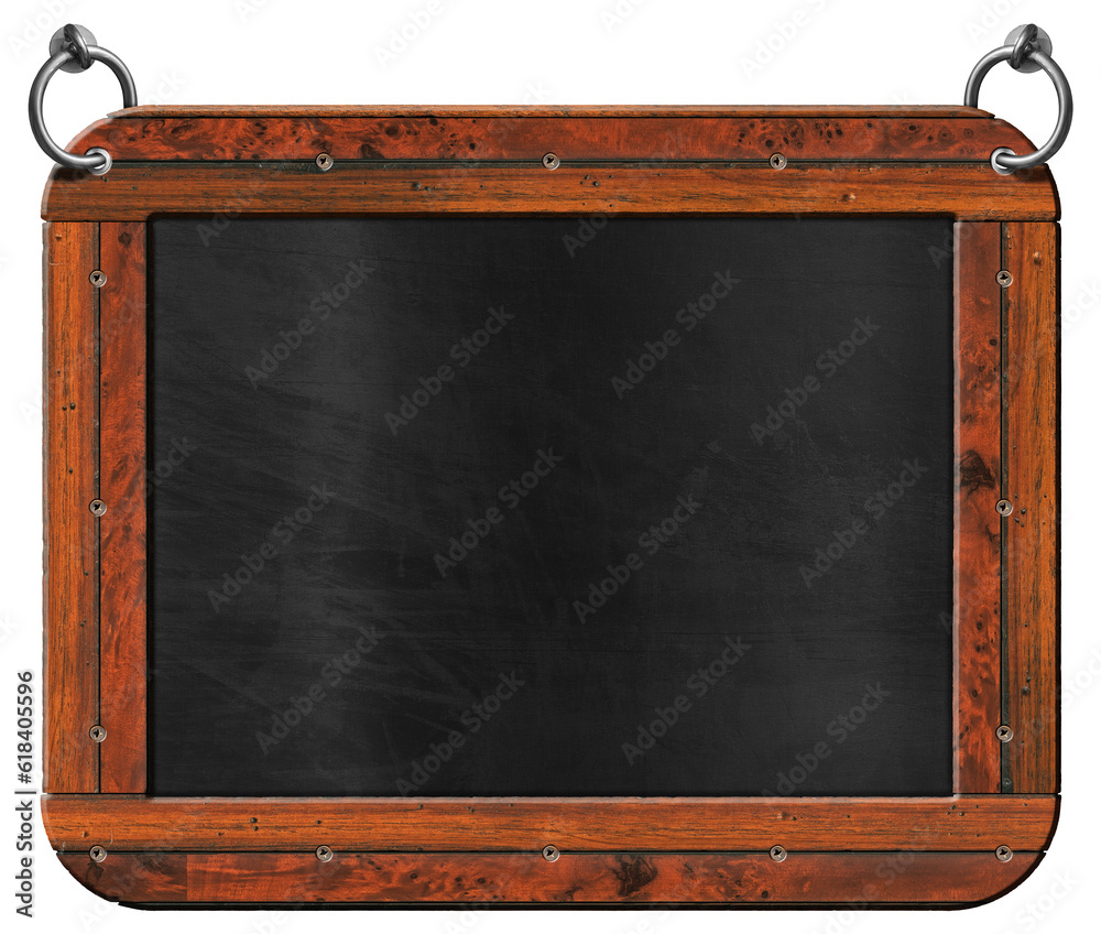 Old blank blackboard with wooden rectangular frame and steel rings for ...