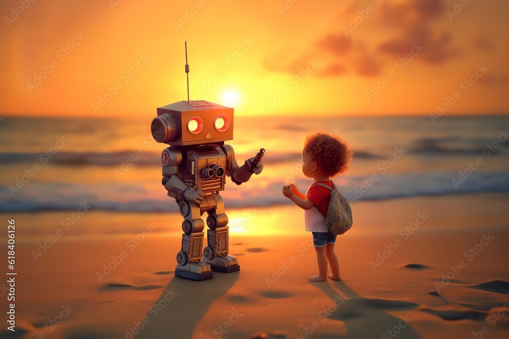 Cute photographer robot capturing a sunset beach Stock Illustration ...