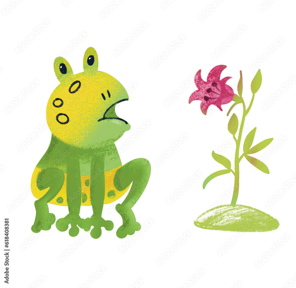 Cute funny surprised frog for design. Drawing cartoon animal character ...