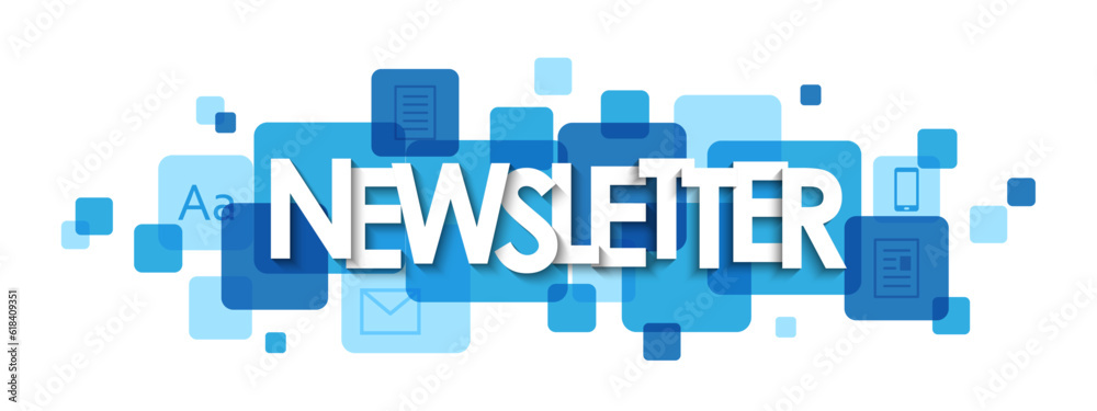 NEWSLETTER vector typography banner on blue squares with symbols Stock ...