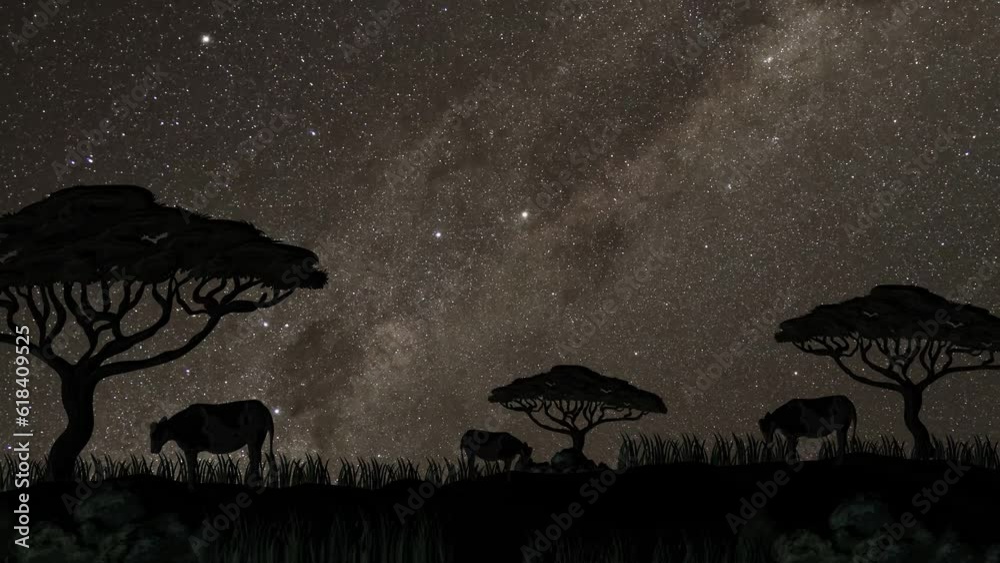 Visible Milky Way in the Night Sky with Silhouette Cows in Meadow Stock ...