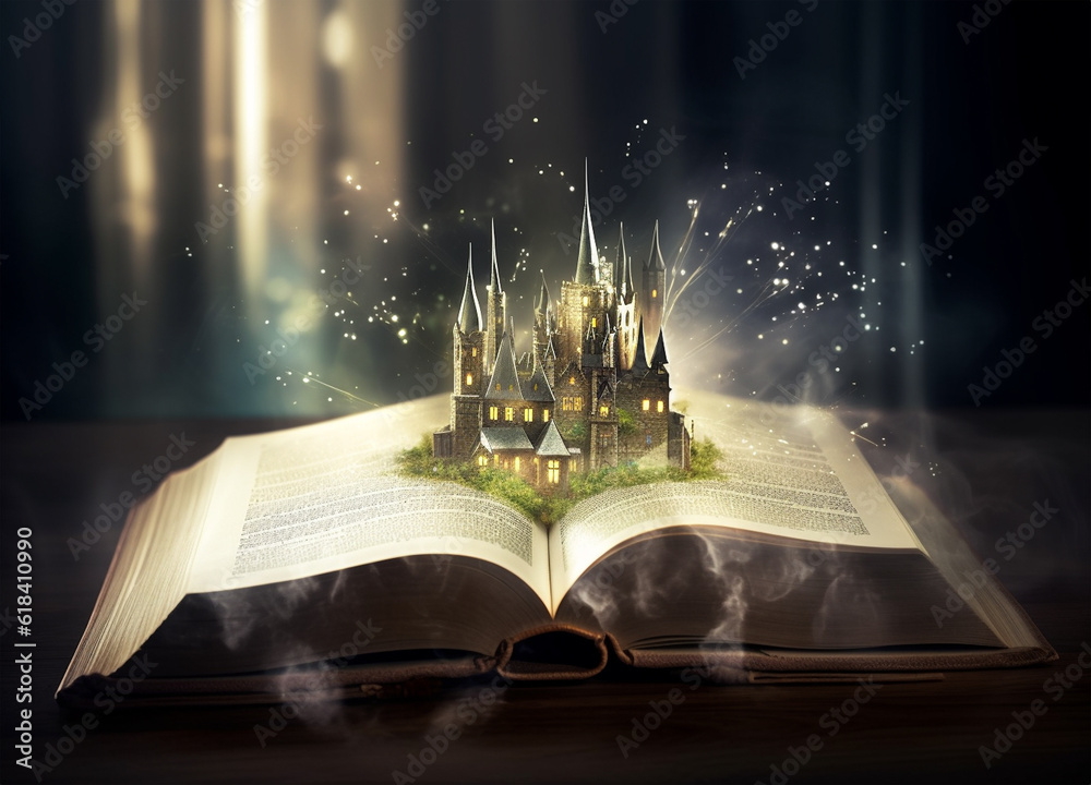 Education, fantasy and glitter with book and castle on table for ...