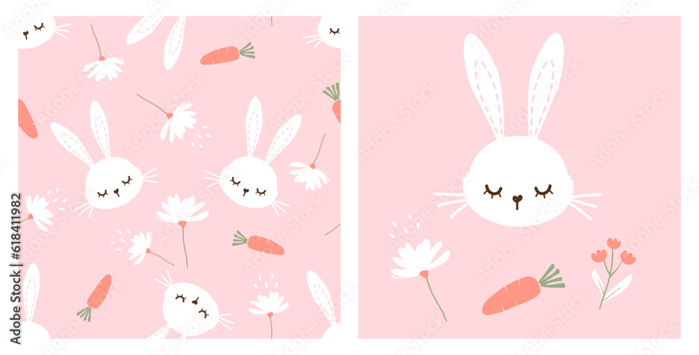 Seamless pattern with bunny rabbit cartoons, carrot and daisy flower on ...