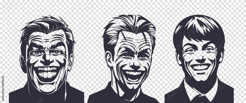 Vector set of monochrome graphic portraits of strange men with a crazy ...
