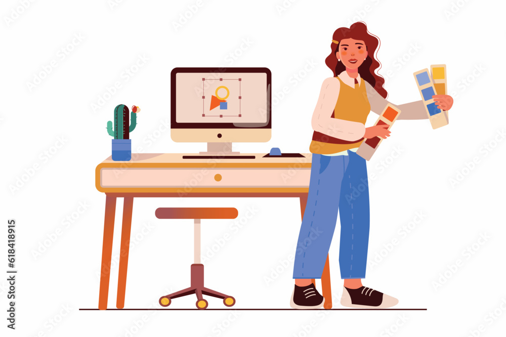 Design studio concept with people scene in the flat cartoon style. The ...