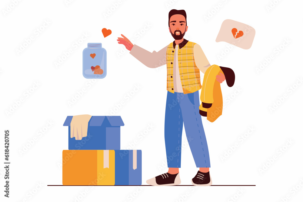 Charity concept with people scene in the flat cartoon style. The man ...