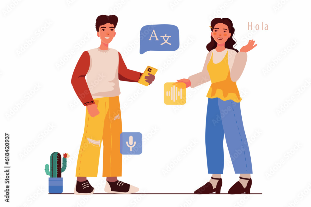 Online translator concept with people scene in the flat cartoon design ...