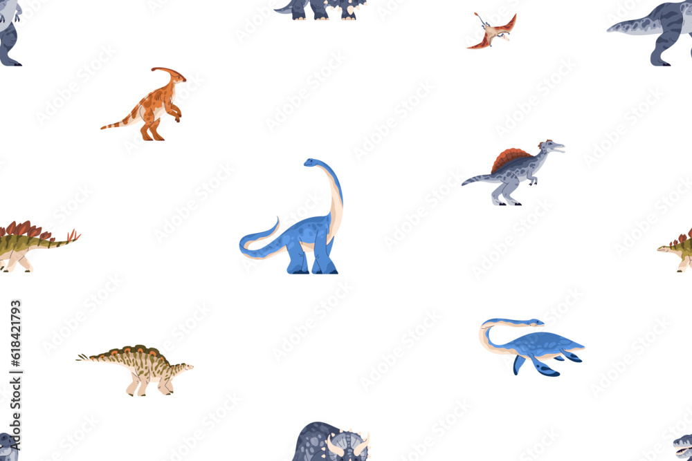 Seamless pattern, repeating dinosaurs print. Extinct ancient dino ...