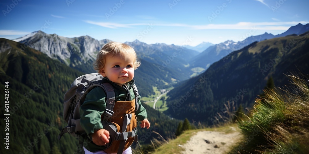 baby wearing a backpack in the mountains, which may symbolize the idea ...