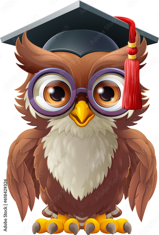Vetor de A wise owl bird cartoon cute character. Wearing a graduation ...