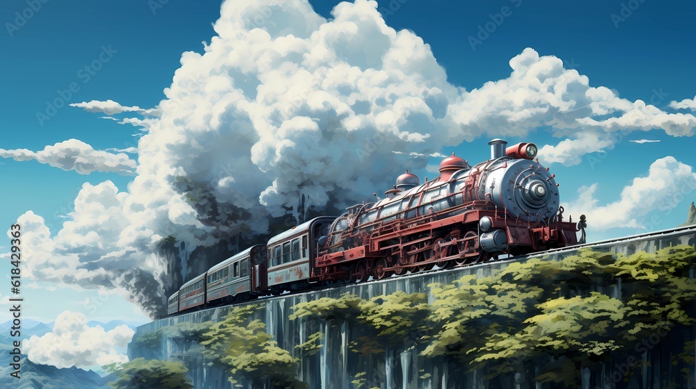 The train takes off from the rail into the sky. Cartoon style ...