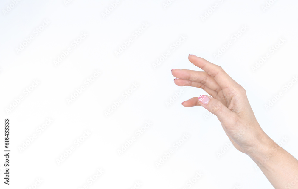 Woman hand making on white background. Woman's finger pointing ...