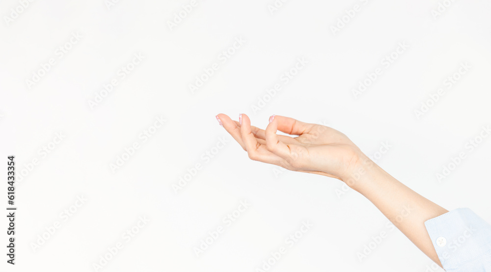 Woman hand making on white background. Woman's finger pointing ...
