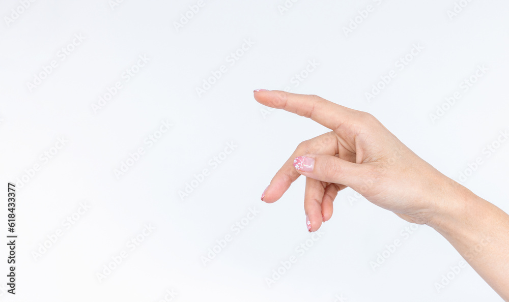 Woman hand making on white background. Woman's finger pointing ...