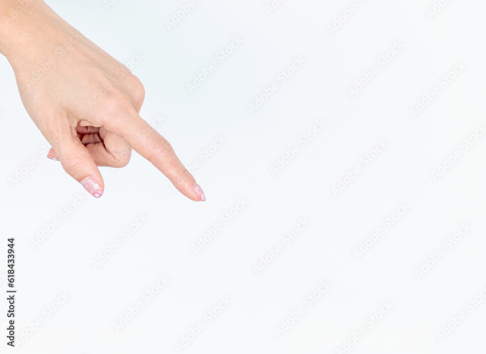 Woman hand making on white background. Woman's finger pointing ...
