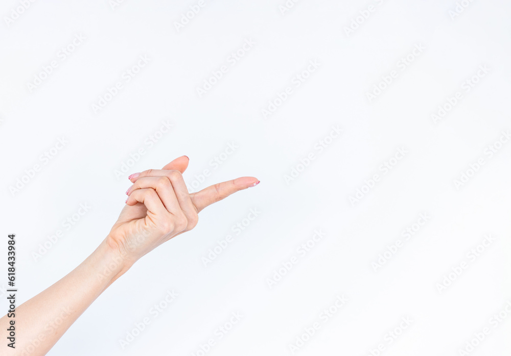 Woman hand making on white background. Woman's finger pointing ...