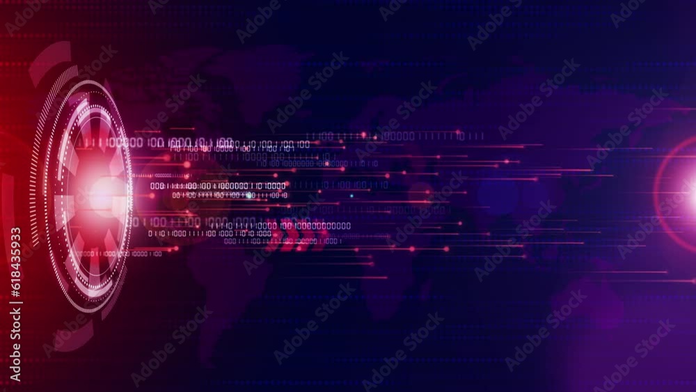 Violet glowing background with round HUD element. Moving bright rays of light with digital ...